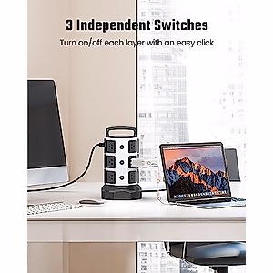 Power Strip Tower Surge Protector, JACKYLED 1625W 13A Outlet Surge Electric Tower, 12 Outlets 6 USB Ports Retractable Cord Charging Station with 16AWG 6.5ft Heavy Duty Extension Cord for Home Office