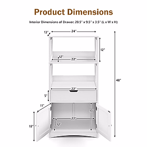 GLACER Large Bathroom Floor Cabinet, Freestanding Multipurpose Storage Cabinet with Drawer, 2 Open Shelves and Door Cupboard for Bathroom, Kitchen or Living Room, 24 x 13 x 48 inches (White)