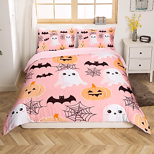 Erosebridal Pink Halloween Duvet Cover King, Pumpkin Lantern Bedding Set for Kids Girls, Cartoon Ghost Bat Comforter Cover Gothic Spooky Spider Web Bed Set Halloween Decoration with 2 Pilow Cases