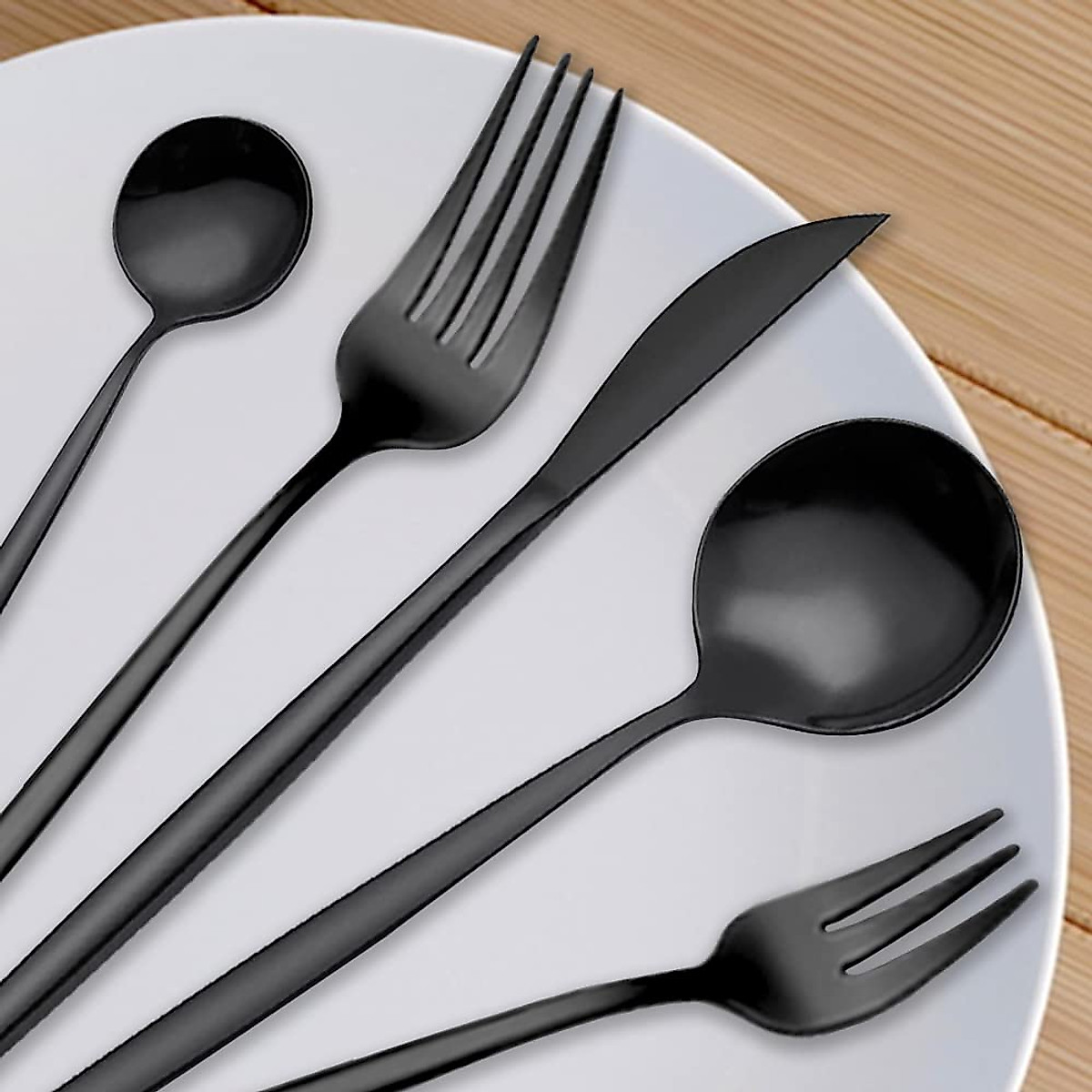 LAIION Black Silverware Set 30 Pieces Stainless Steel Flatware Set Titanium Plating Cutlery Set, Matte Black Utensil Sets, Service Set for 6