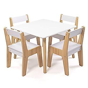 Humble Crew, White/Natural Modern Wood Kids Table and 4 Chairs Set