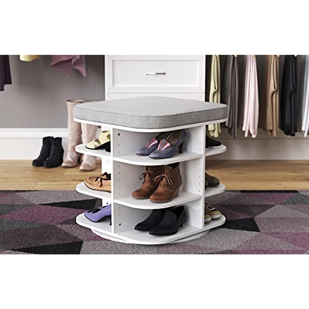 ClosetMaid Shoe Storage Bench Ottoman, Rotating with Gray Cushion, Adjustable, White Finish
