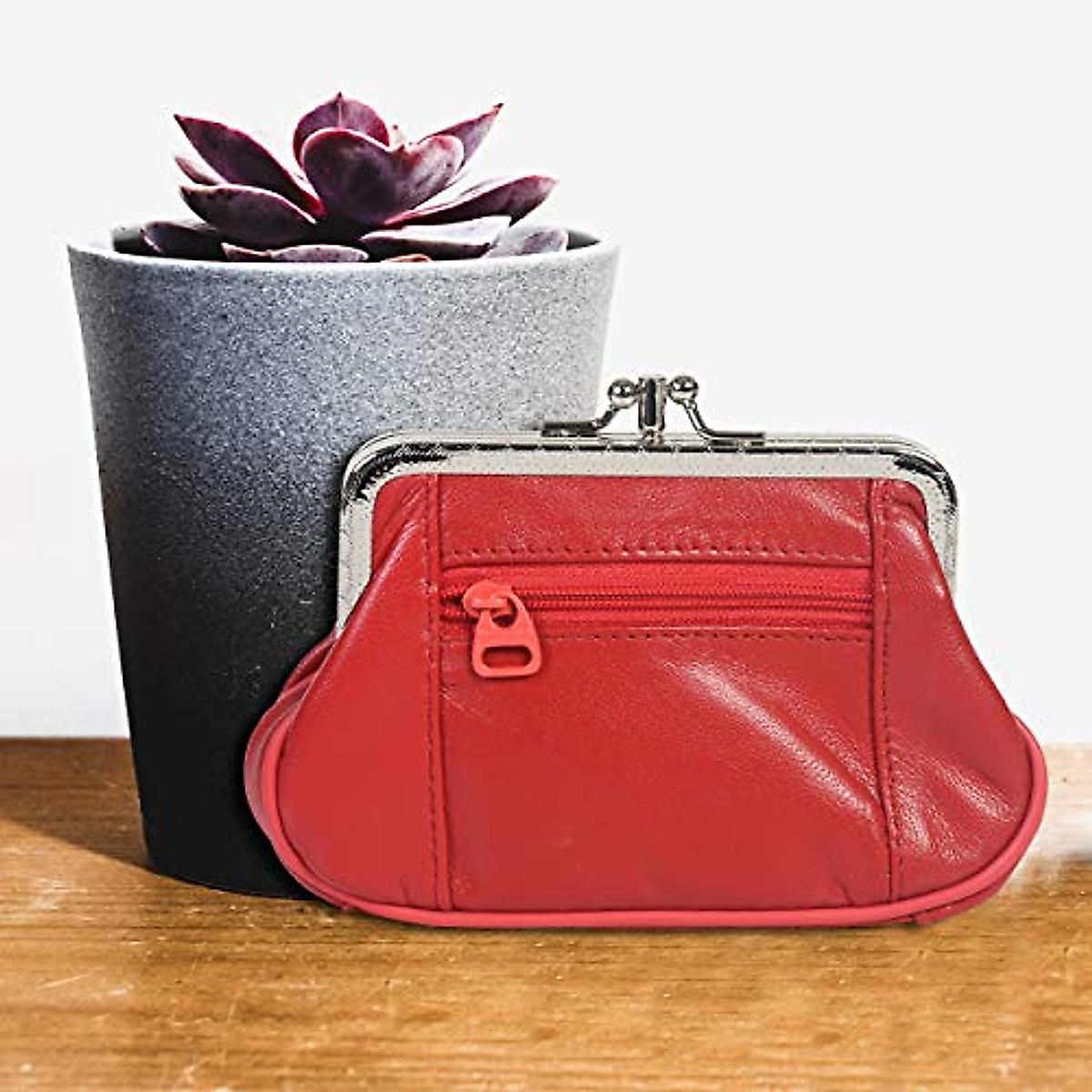 Women's Leather Metal Frame Double Clasp Zipper Coin Purse 5 1/4" x 3 1/4" (Red)