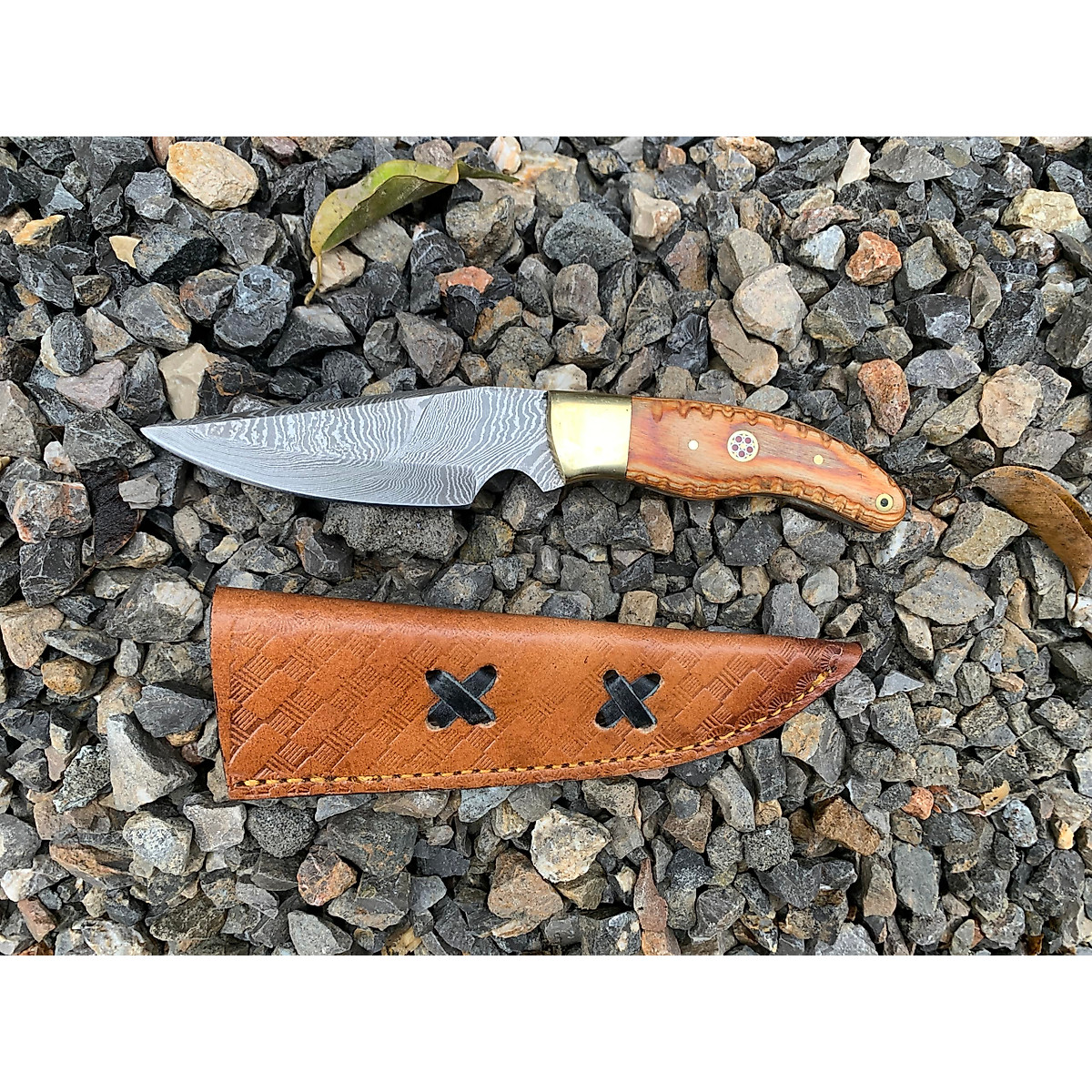 NUSHBA 014 handmade Damascus Steel Hunting Skinner knife with Cow Brown Leather Sheath Fixed blade knives for men