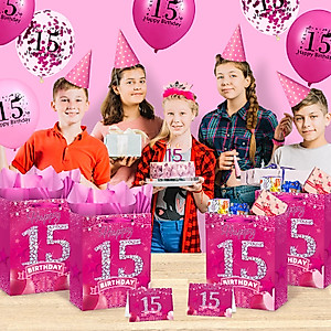 15th Birthday Gift Bag for 15 Year Old Teen Girls Sweet 15 Gift Bag with Card and Tissue Paper Pink 15th Birthday Wrapping Paper Bag 15th Birthday Decorations for Girls 15 Years Old Girl Gift Ideas