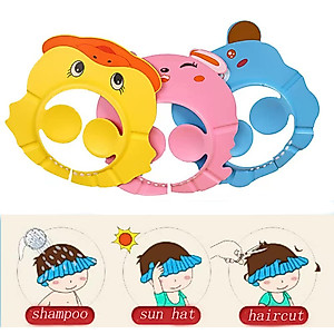 Anller 3 Pieces Baby Shower Cap, Soft Adjustable Bath Shampoo Cap with Ear Protection, Funny Cartoon Bathing cap for Children, Kids and Toddlers(Pink+Blue+Yellow)