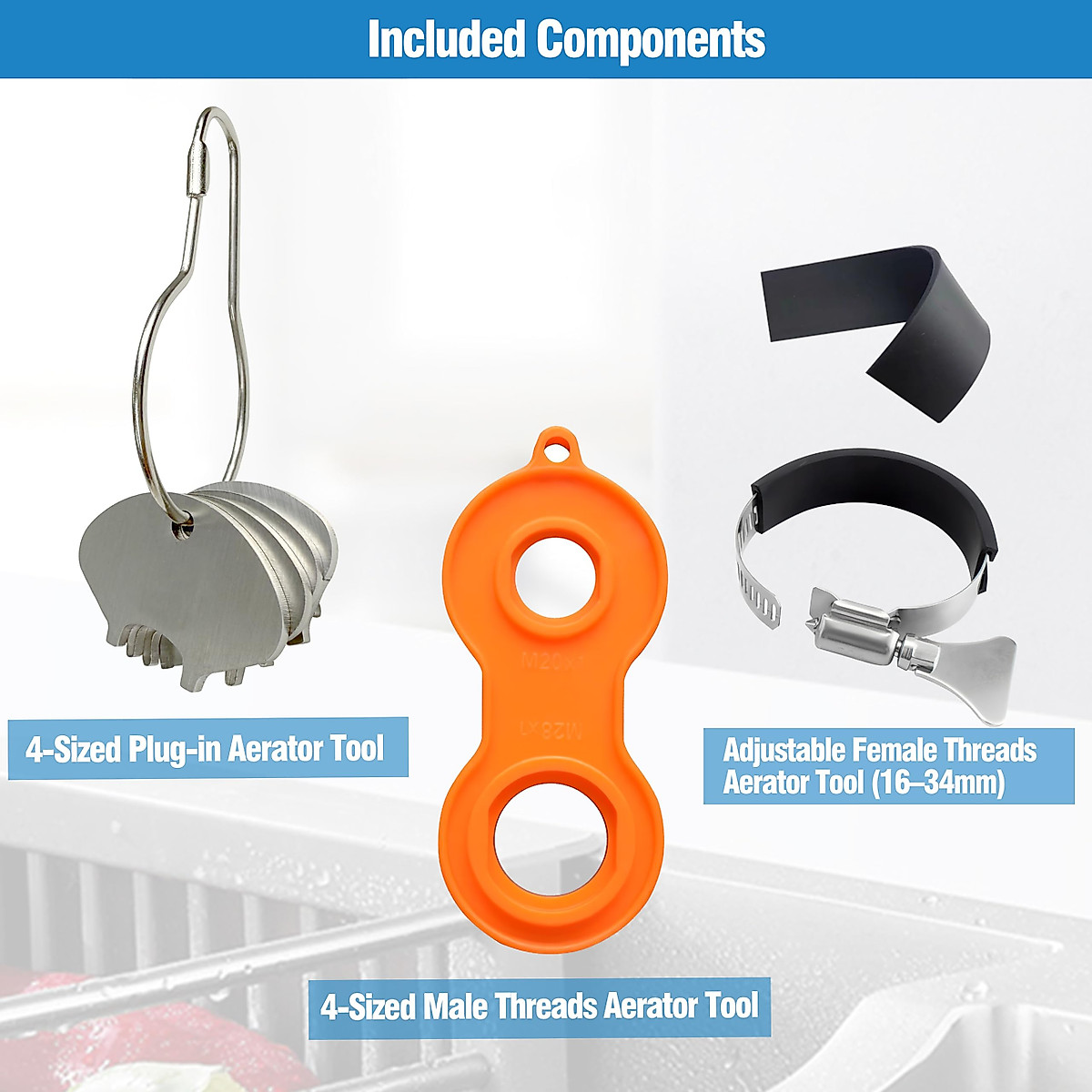 3-in-1 304 Stainless Steel Aerator Key & Faucet Aerator Removal Tool Set – Fits M20, M22, M24, M28, Cache Aerators (M21.5, M24, Junior, Regular) & Adjustable for Female Threads (16–34mm)
