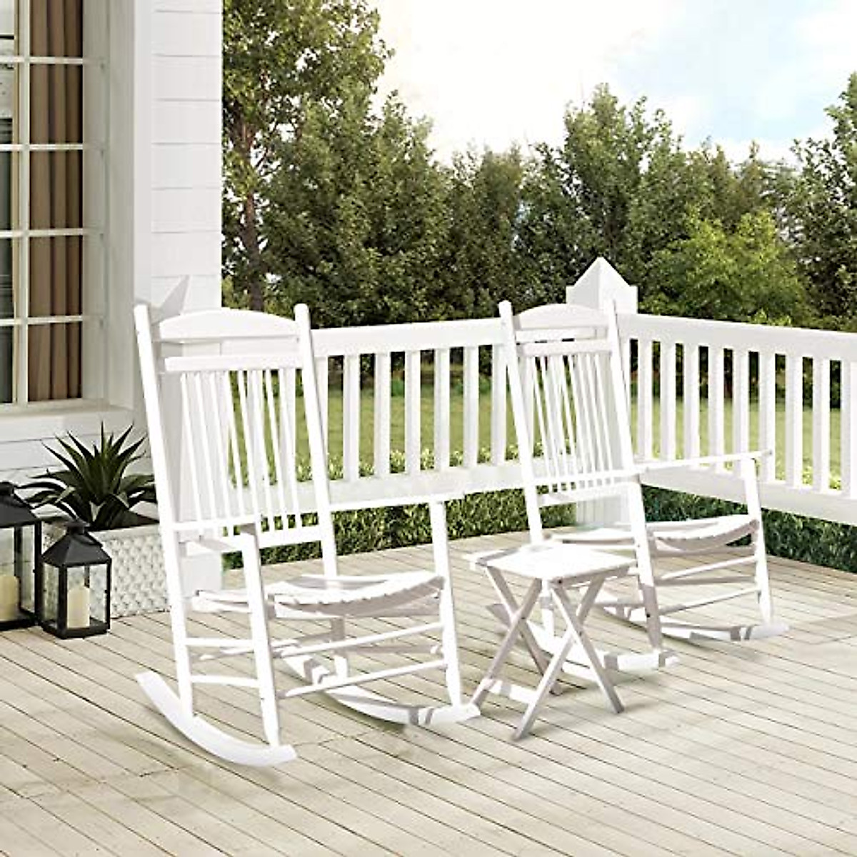 MUPATER Outdoor Rocking Chair Set 3-Piece Patio Wooden Rocker Bistro Set with Foldable Table and Curved Seat, White