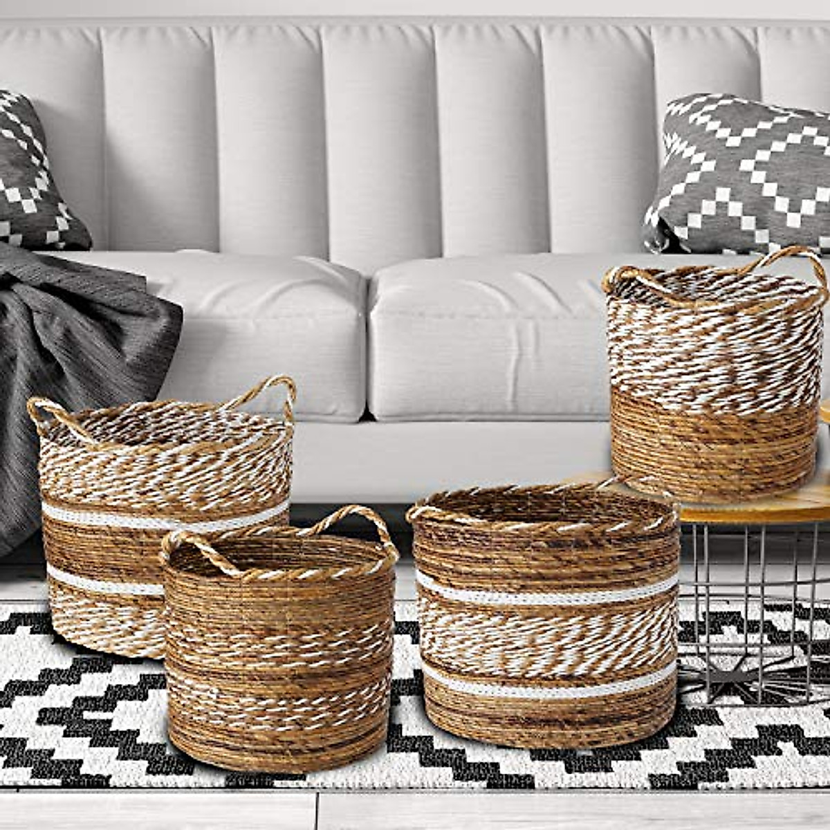 Rustic Stripes Wicker Baskets. 4 Piece Set, Washed and Rolled Banana Leaf, White Twine, Loop Carry Handles, Bucket Bottoms, 18, 15.75, 14.25, 12.5 Inches Diamet