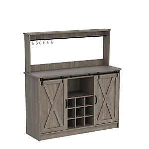4ever2buy Farmhouse Coffee Bar Cabinet with Sliding Barn Doors, 50 Inch Coffee Bar Hutch with 6 Hooks, Gray Coffee Bar with 9 Mug Rack, Hutch Cabinet with Storage for Living Room