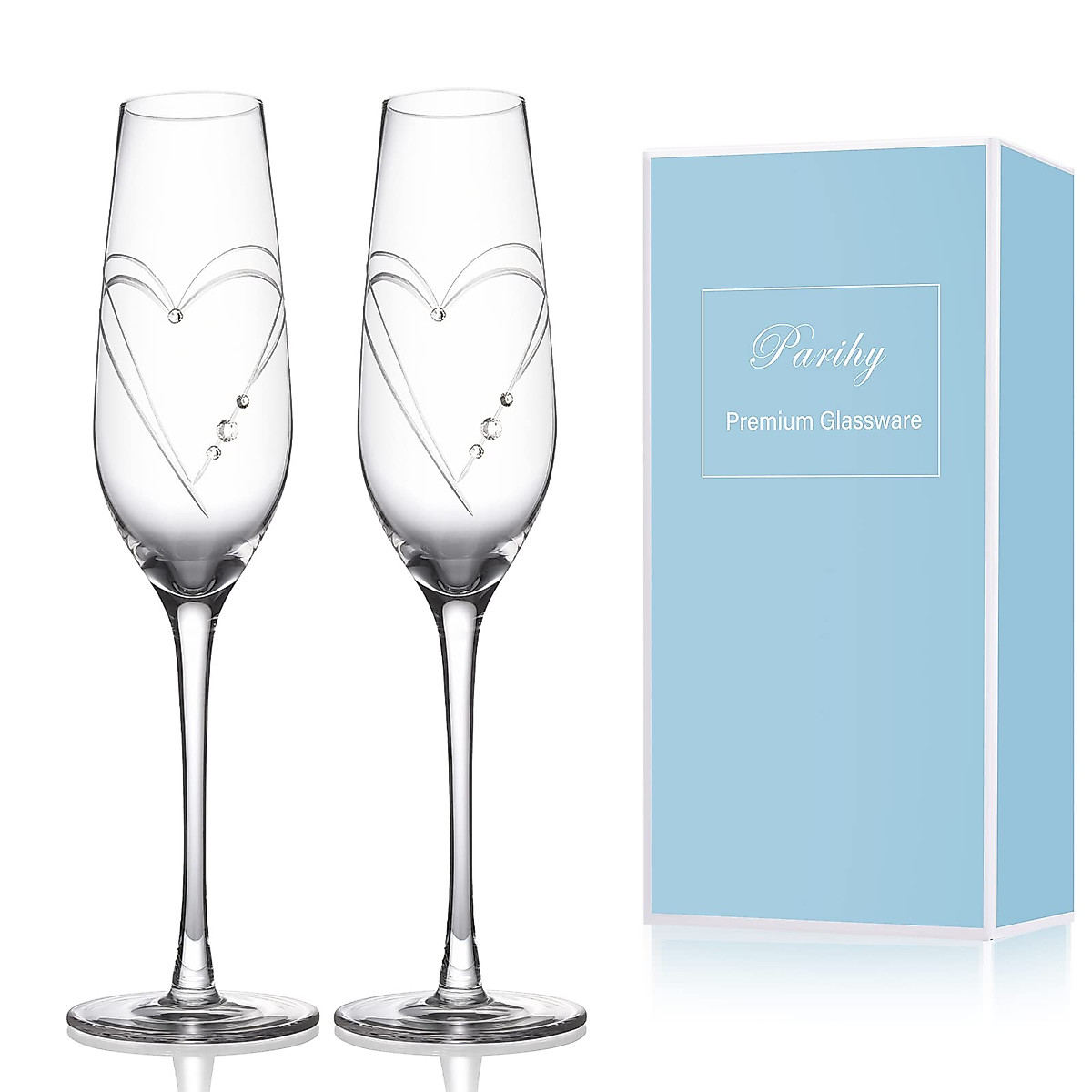 Parihy Champagne Flutes, Bride and Groom Wedding Toasting Champagne Glasses Set of 2 with Engraved Love Heart Design Embellished with Crystal, Wedding Engagement Christmas Gifts for Couple