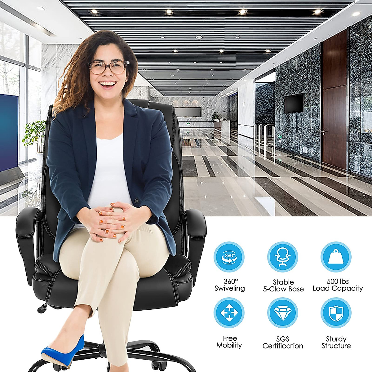 POWERSTONE Big and Tall Office Chair 500lbs PU Leather Ergonomic Massage Office Chairs Wide Seat High Back Adjustable Computer Chair Large Executive Chair Swivel Rolling Chair