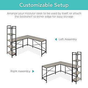 Best Choice Products L-Shaped Corner Computer Desk, Large Study Workstation Furniture w/Multifunctional 5-Tier Open Storage Bookshelves, Custom Setup for Home, Office - Gray/Black