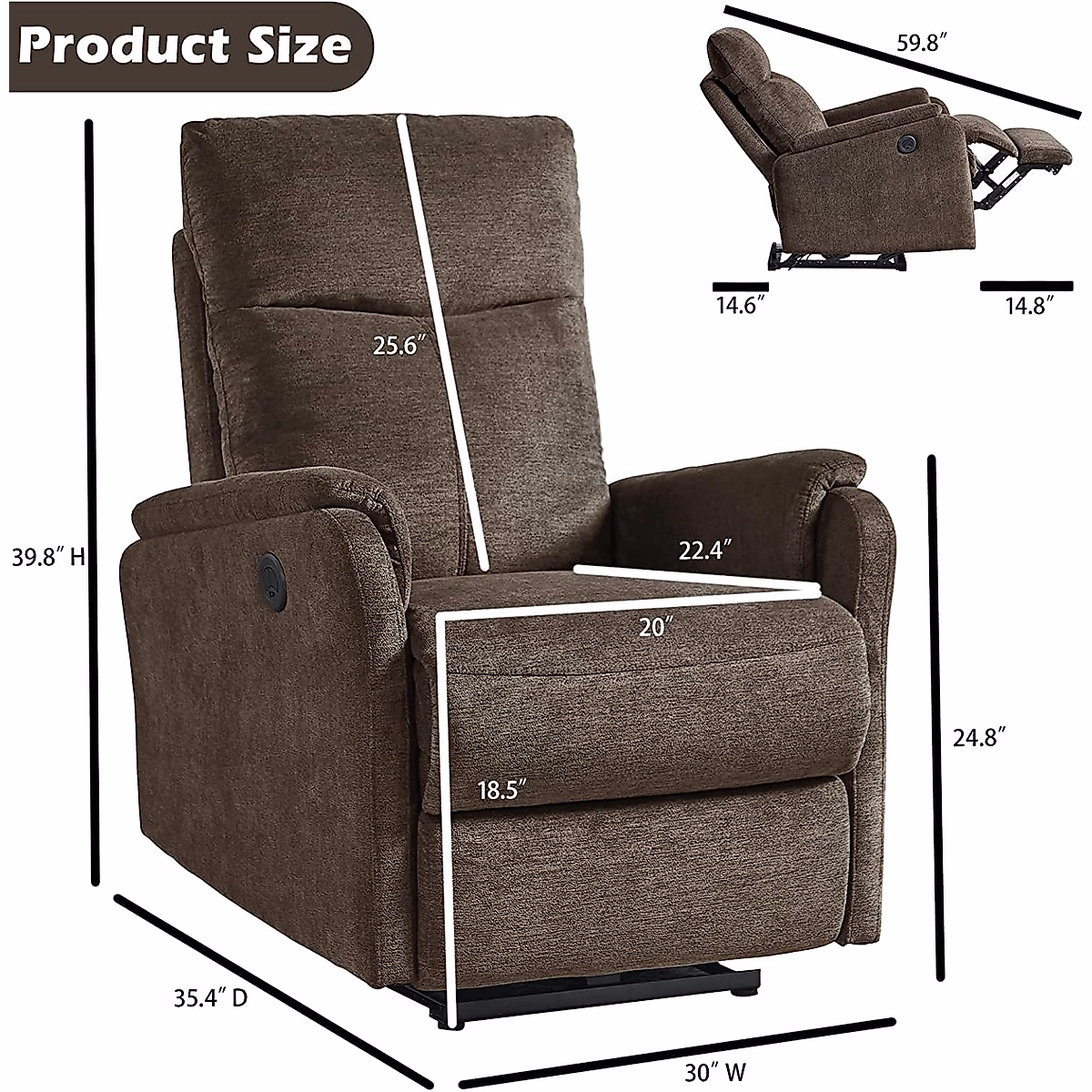 BCPHOME Electric Power, Small Recliners on Clearance,Living Room Single Sofa, Home Theater Seating with USB Port,Ergonomic Lounge Chair,Brown