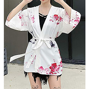 LAI MENG FIVE CATS Women's Floral Print Puff Sleeve Loose Blouse Japanese Kimono Cover up Casual Cute Tops