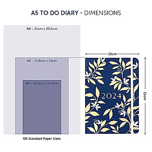 Busy B A5 To Do Diary January to December 2024 - Navy and Gold Floral - Week to View Diary with Notes, Tear-Out Lists & Pockets