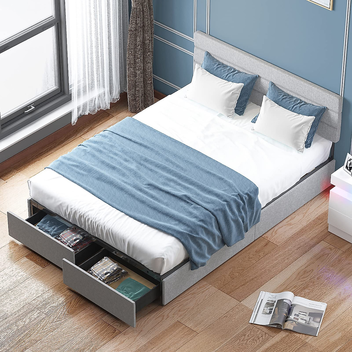 Mixoy Cal King Bed Frame with 2 Storage Drawers. Upholstered Platform Bed with Cotton Linen headboard,Wood Slat Support,Footboard with Drawer.No Box Spring Needed/Easy Assembly(Cal King,Light Grey)