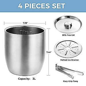 Tiken 3L Double-Wall Vacuum Insulated Ice Bucket with Lid & Tong Stainless Steel Champagne Buckets for Cocktail Bar, Parties & Outdoor