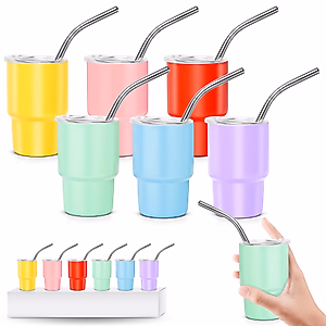Hanna Roberts Mini Tumbler Shot Glass with Straw, Mini Tumbler Cups, Espresso coffee cups, Metal Mini 3oz Shot Glass Tumbler with Straw & Lid (6pcs) Home or Outdoor for Dink and Espresso