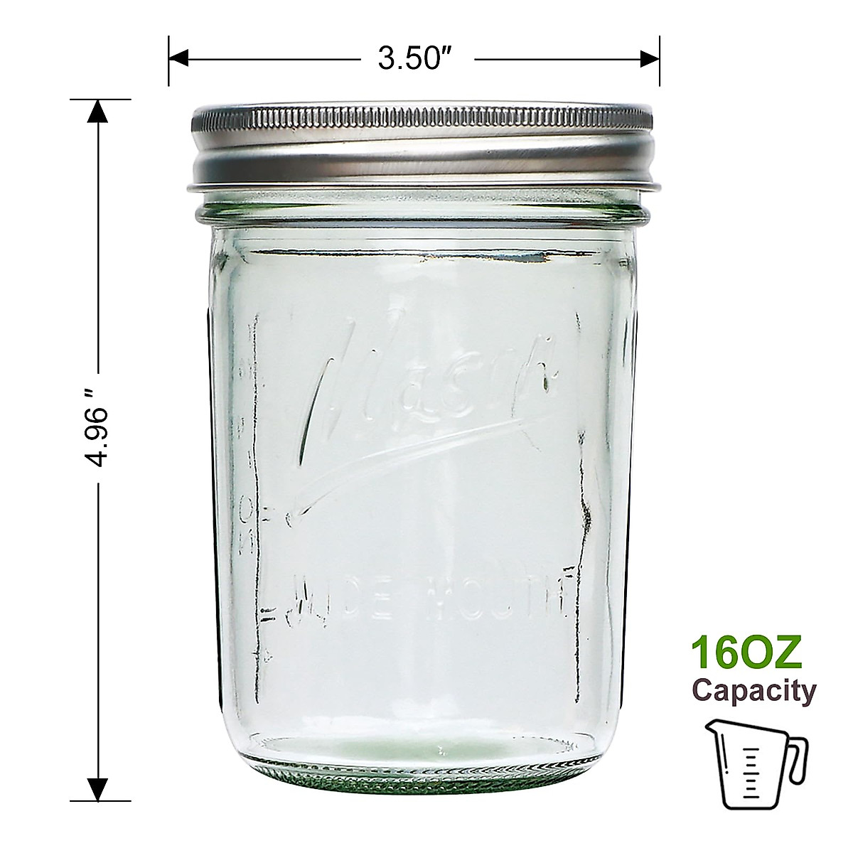 Woaiwo-q 4 Pack Wide Mouth Mason Jars 16oz, Mason Jars with Metal Airtight Lids and Bands - For Canning, Fermenting, Pickling - Jar Décor/Microwave/Freeze/Dishwasher Safe