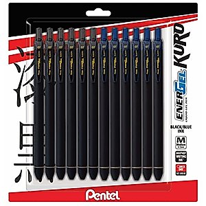 Pentel Energel 0.7 Kuro Gel Pen - Medium Line - 12 Pack Of 6 Black & 6 Blue