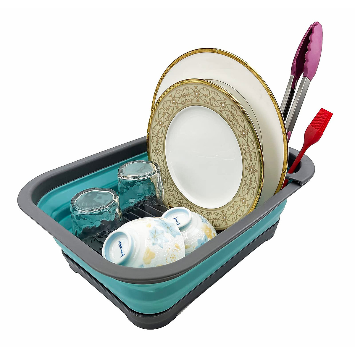 SAMMART 7.3L (1.9 Gallon) Collapsible Dish Drainer with Drainer Board - Foldable Drying Rack Set - Portable Dinnerware Organizer - Space Saving (Alloy Grey + Crystal Blue (Set of 2))