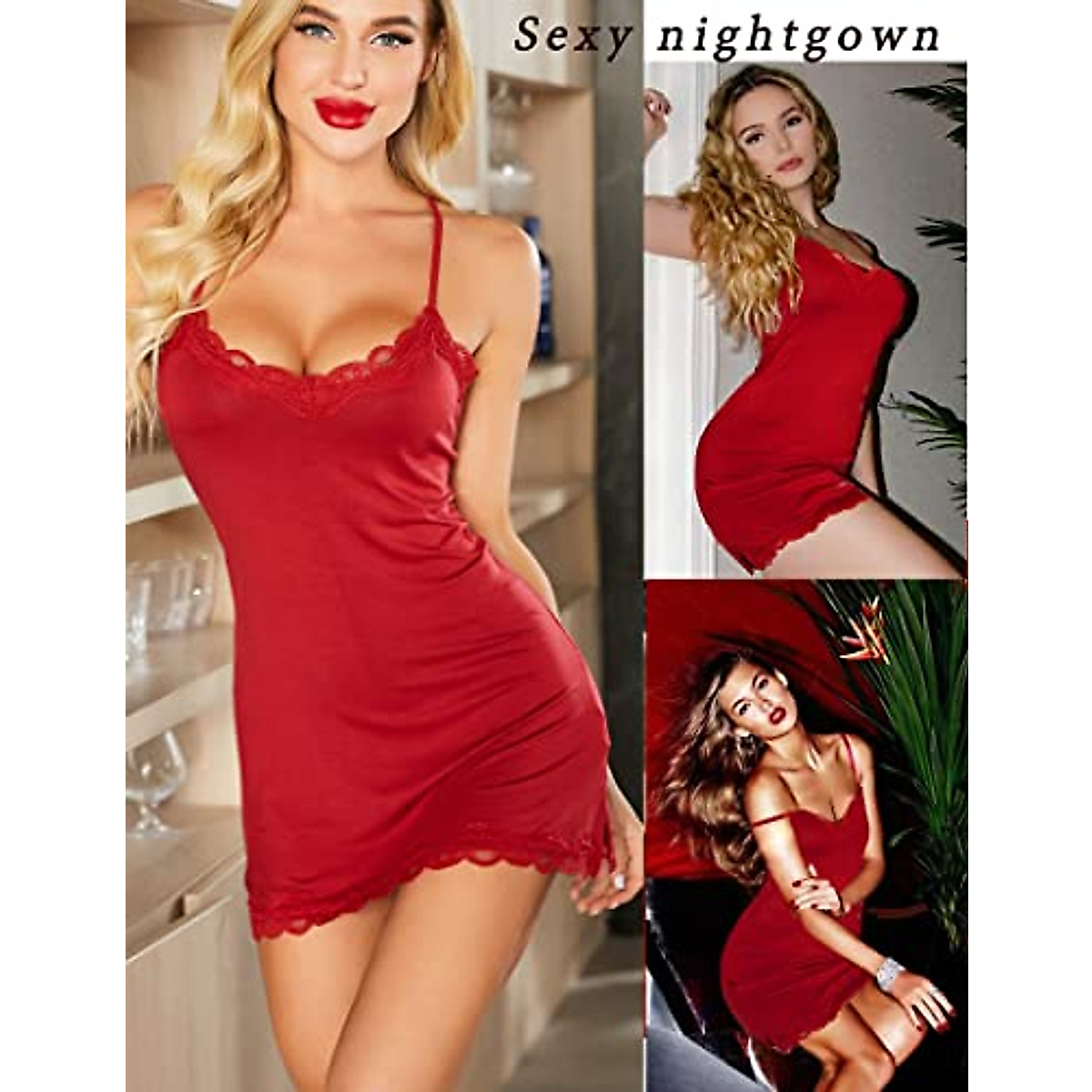 Avidlove Sexy Nightdress V Neck Lingerie Sleepwear Dark Red S