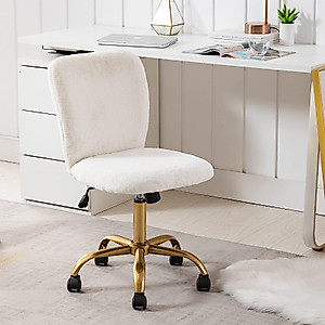 DUHOME Faux Fur Home Office Desk Chair, Modern Fluffy Fuzzy Vanity Chair with Wheels Golden Base Height Adjustable Swivel Task Chair for Girls Women, White & Faux Fur