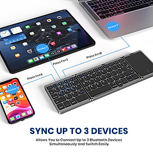 HAMOPY Foldable Keyboard, Leather Tri-Folding Wireless Portable Bluetooth Keyboard with Sensitive Touchpad Mouse (Sync Up to 3 Devices), Mini Rechargeable Travel Keyboard for Windows Mac Android iOS