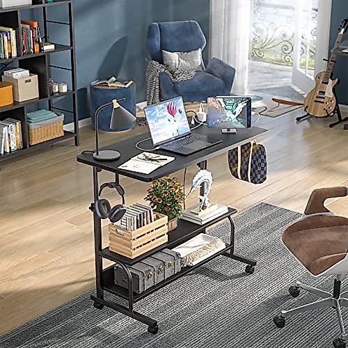 Height Adjustable Standing Desk with Power Outlets, 32" Manual Stand Up Desk with Storage Shelves Small Mobile Rolling Computer Desk Portable Laptop Table with Wheels for Home Office, Black