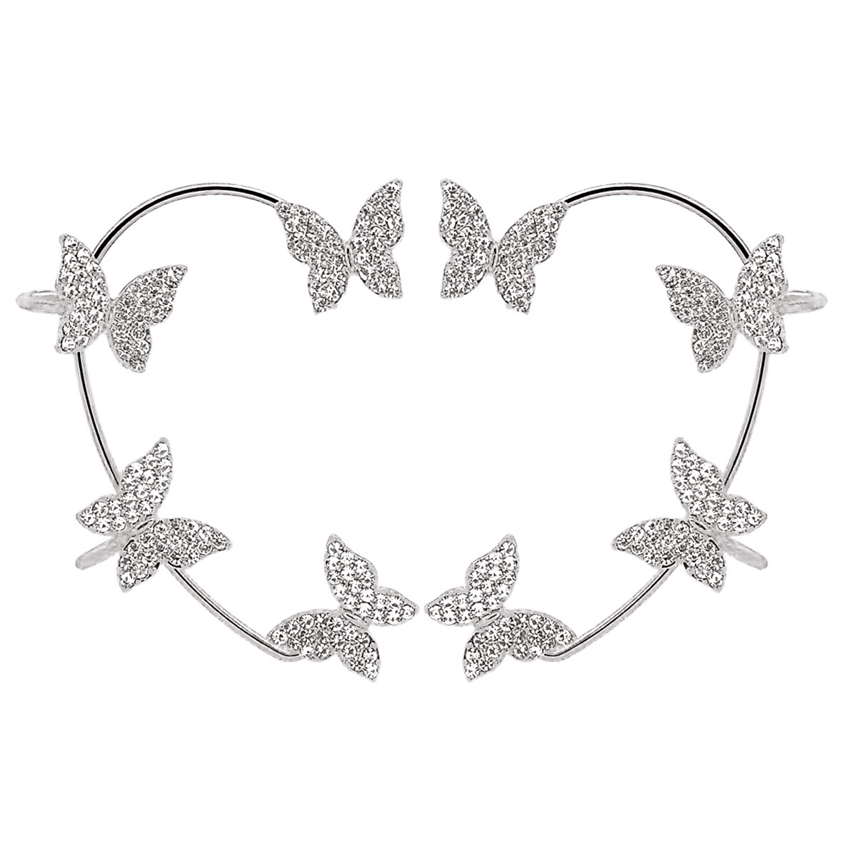 2Pcs Zircon Butterfly Ear Cuff Earrings for Women No Piercing Butterfly Ear Clip Wrap Around Fake Earrings Ear Wrap Crawler Rhinestone Wrap Earrings (silver)