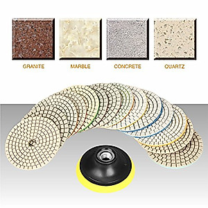 SPTA 15pcs Diamond Wet Polishing Pads Set, 4 inch Pads for Granite Stone Concrete Marble Floor Grinder or Polisher, 50#-6000# with Hook & Loop Backing Holder Pads for Wet Polisher
