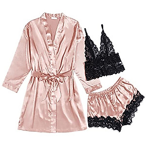 Ekouaer Sexy Pajama Set for Women 3pcs Floral Lace Trim Pjs Silk Sleepwear with Robe Lingerie Set A-pink