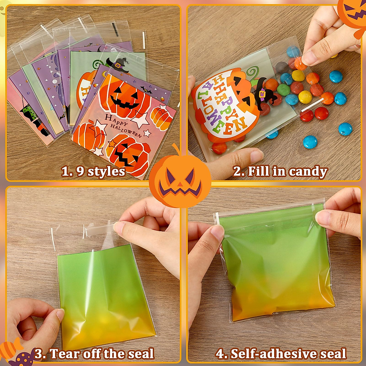 FEBSNOW 450pcs Halloween Candy Bags, 9 Styles Self Adhesive Trick Candy Bag Cellophane Cookie Bags for Halloween Trick or Treat Goodie Ziplock Bags Party Favor