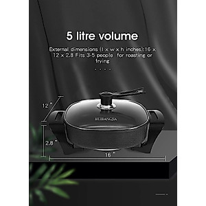 HUIDANGJIA Electric Skillet, Roast, Fry and Steam,Heat Resistant Handles,12" Deep Dish Nonstick Frying Pan with Tempered Glass Lid,1360W Electric Griddle,Black