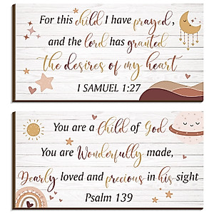 2 Pcs Wood Nursery Wall Decor for Girls Boys Baby Girl Room Decor for Nursery Christian Nursery Wall Art This Child I Have Prayed Bible Quote Wall Hanging Sign for Kids Home 12 x 6 Inch (Cute)