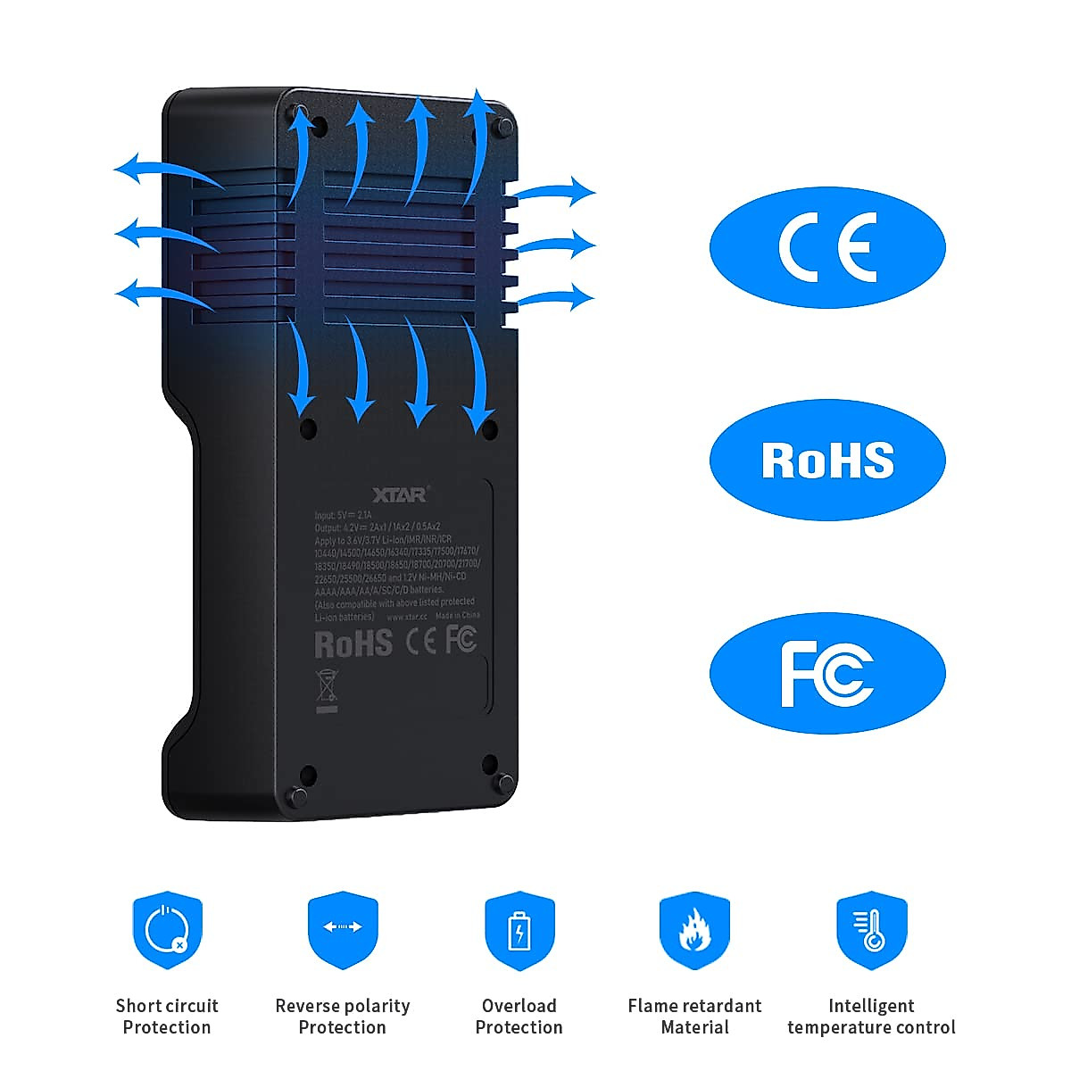 XTAR Universal Smart Battery Charger, 2 Slot, 3.7V Li-ion/Ni-MH/Ni-CD, 2.1A, LCD Display, 2 Hours Charge Time