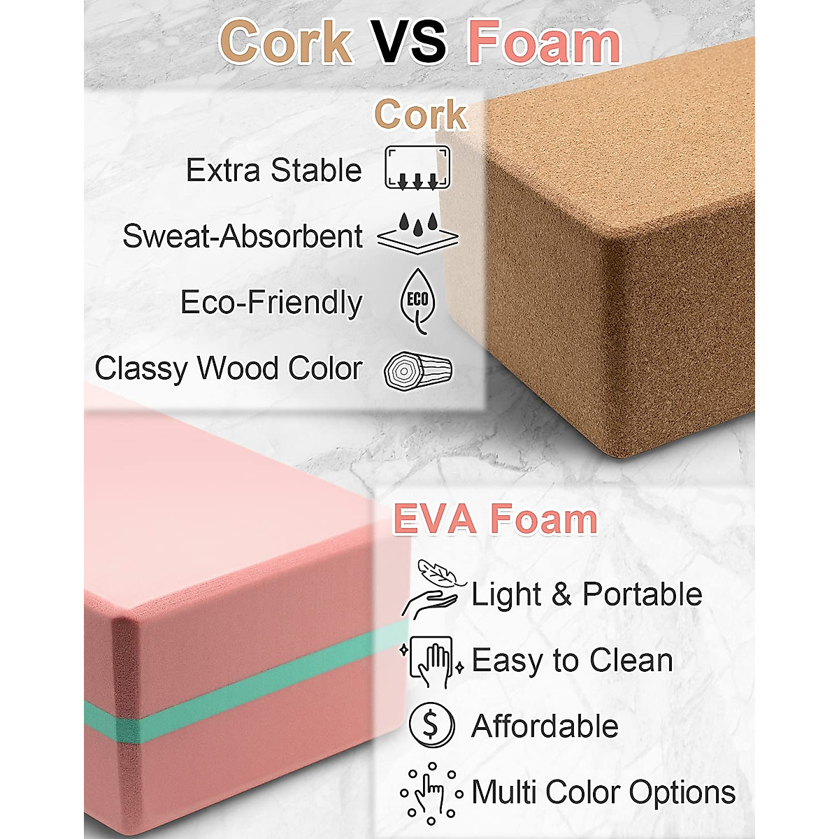 Tumaz Yoga Blocks 2 Pack with Strap Set, High Density/Lightweight EVA Foam Yoga Blocks or Non-Slip Solid Natural Cork Yoga Blocks Set & Premium Yoga Brick for All Yogi [E-Book Included]