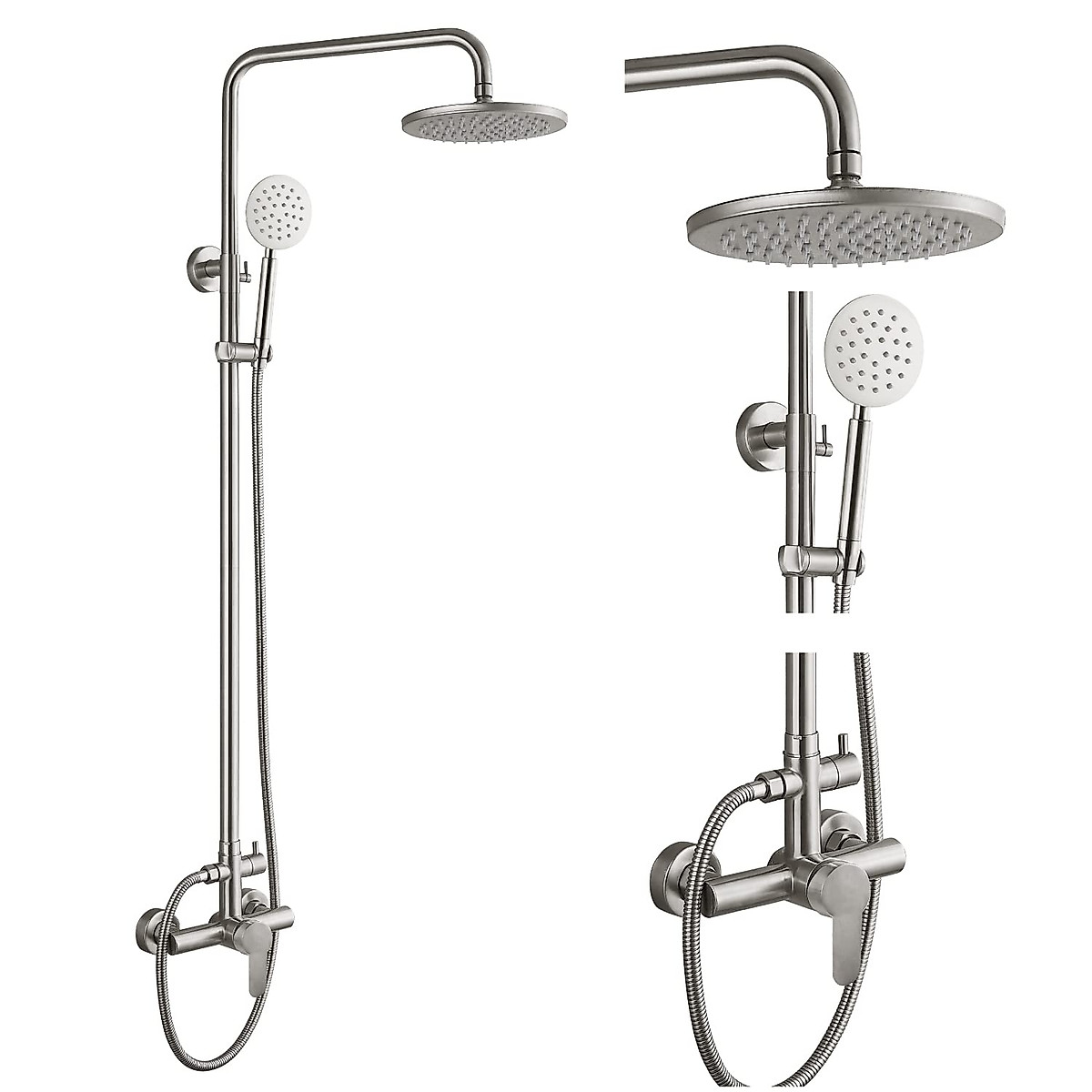 Airuida SUS304 Outdoor Shower Fixture Brushed Nickel Exposed Shower Faucet Combo Set Single Handle 8 Inch Thicken Rainfall Showerhead With Handheld Spray Wall Mount Dual Functions