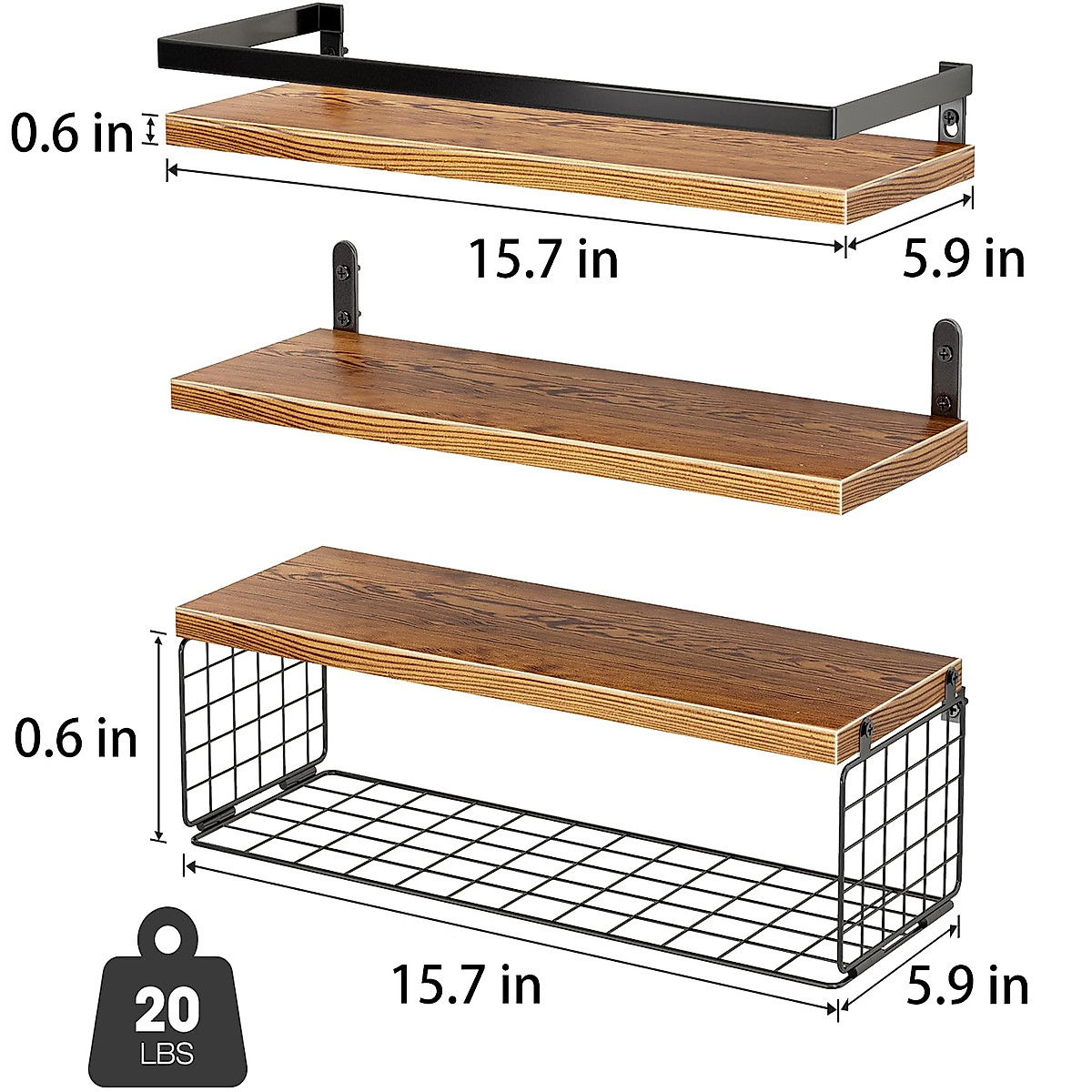Eunvabir Floating Shelves for Bathroom Storage Decor with Basket, Wood Wall Mounted Over The Toilet Shelves, Hanging Shelf for Bedroom Kitchen Laundry Living Room Plants Farmhouse Organizer