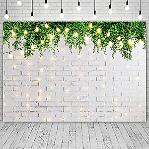ABLIN 10x7ft Spring Theme White Brick Wall Backdrop for Photography Brick Wall Green Leaves Warm Light Photo Background for Kids Portrait Bridal Shower Party Decorations Props