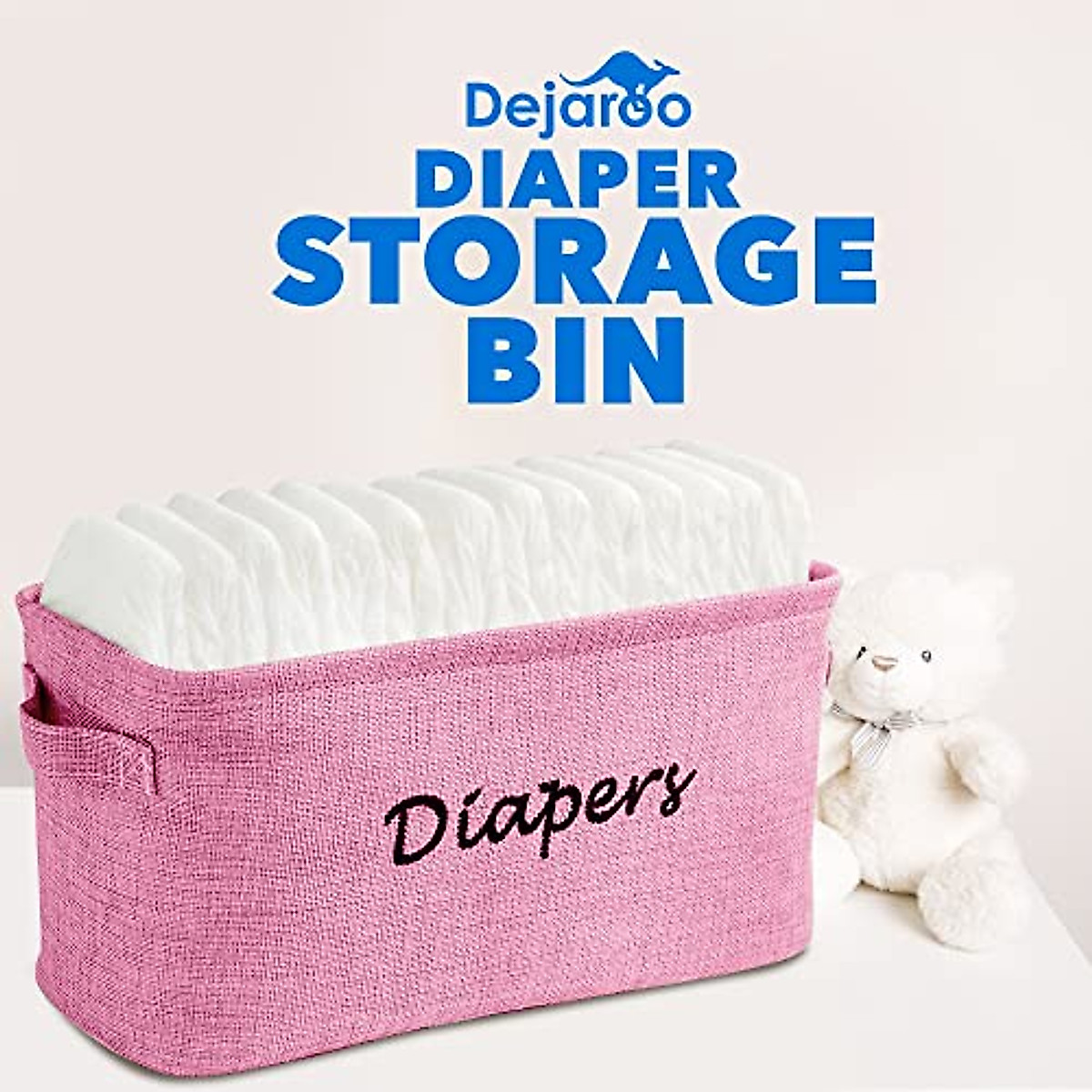 Dejaroo - Baskets for Organizing Diapers and Newborn Essentials, Baby Diaper Caddy Organizer, Embroidered Baby Shower Gifts for Moms, Linen Basket with Handle, 12 x 6 x 6 Inches, Pink