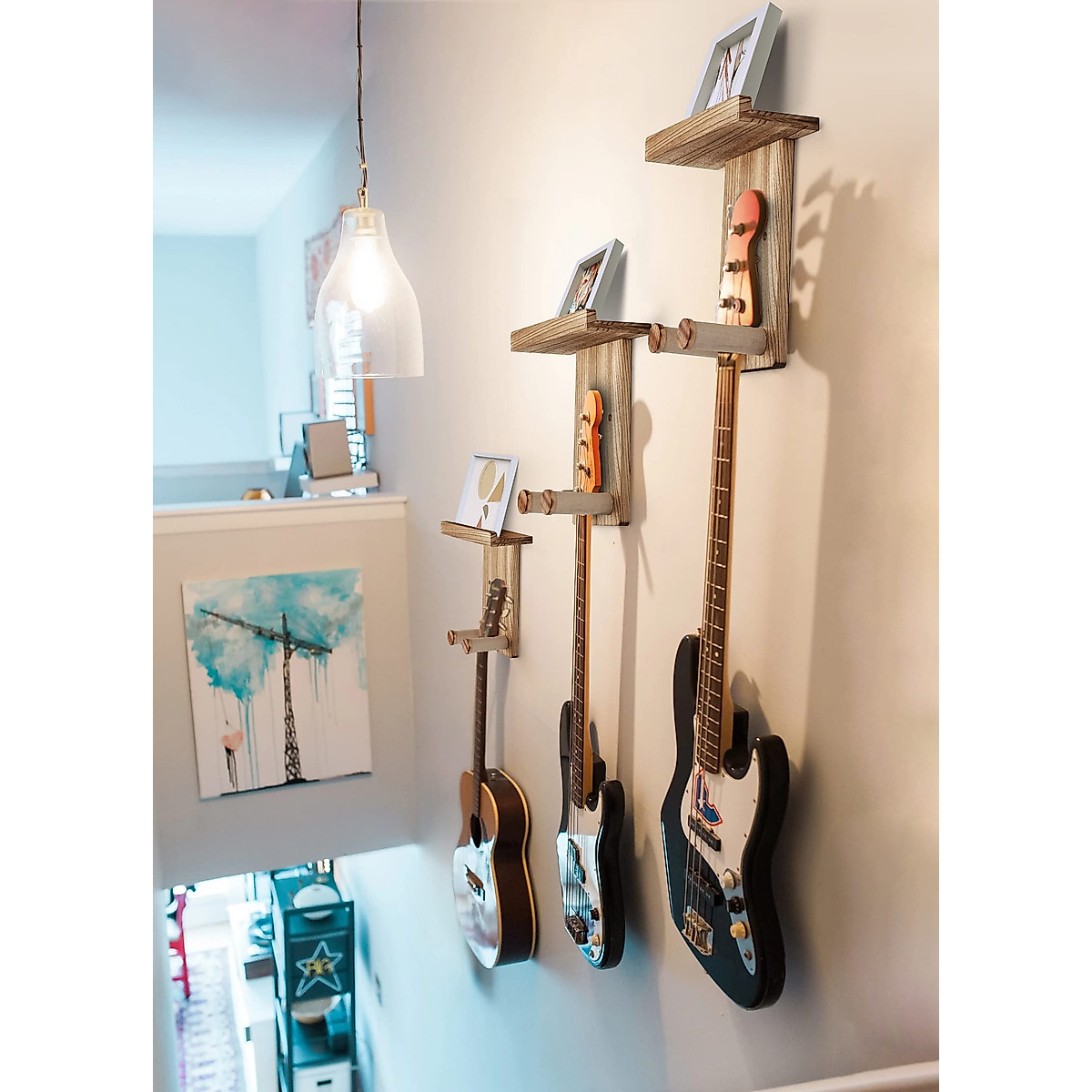 Keebofly Guitar Wall Mount,3 Pack Guitar Wall Hangers Guitar Stand Wall with Pick Holder Guitar Rack for Acoustic or Electric Guitars,Ukulele,Bass,Mandolin,Rustic Wood Brown,[Patented]