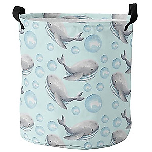Cartoon Marine Life Freestanding Laundry Basket with Handles, Collapsible Waterproof Large Laundry Hamper for Baby Nursery Kids Room Dorm Storage, Ocean Theme Cute Whale and Bubble