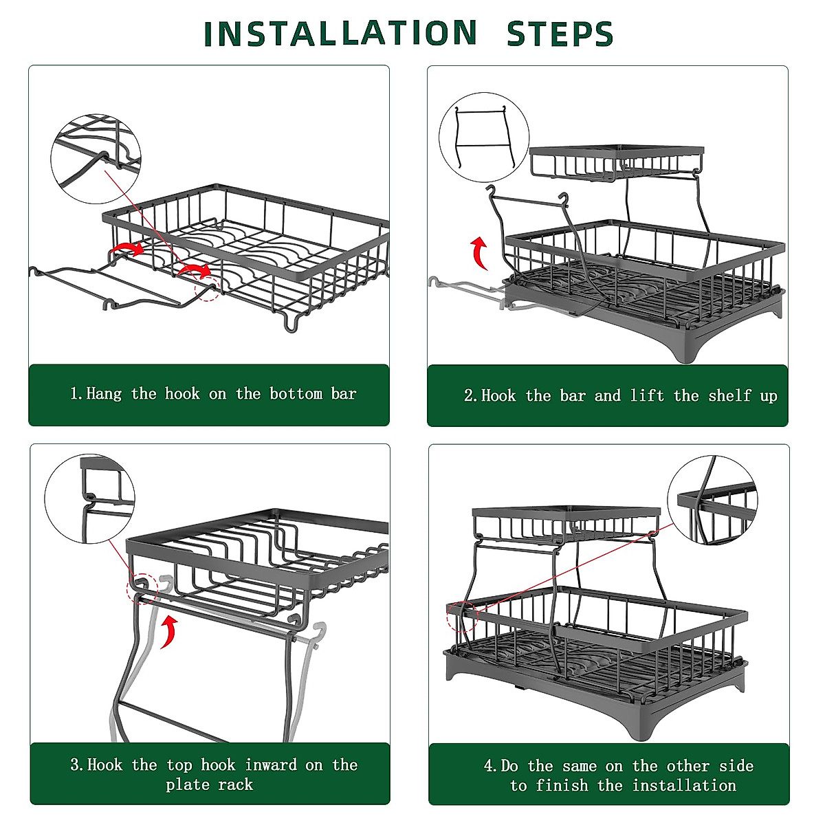 Enutogo Dish Drying Rack, 2-Tier Kitchen Dish Racks with Drainboard, Dish Drainer Set for Kitchen Counter with Utensil Holder, Large Dish Rack Organizer Set for Plates Drying, Stainless Steel