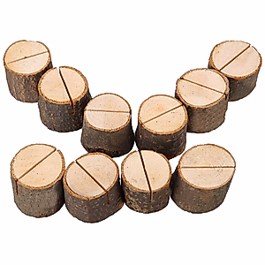 XIASABA Place Card Holders 10 Pcs Stump Shape Party Place Card Holder Stand Number Table Clip Card Holder Rustic Wooden Card Holders Mini Wood Place Card Holders