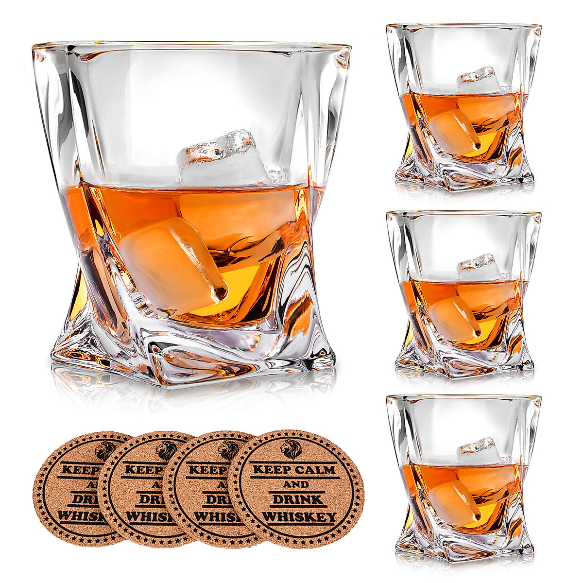 VACI GLASS Crystal Whiskey Glasses - Set of 4 - with 4 Drink Coasters, Crystal Scotch Glass, Malt or Bourbon, Glassware Set
