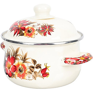 Kichvoe Small Pot with Lid Enamel Pot Vintage Stockpot Simmer Pot Enamelware Stew Pot Cooking Pot Soup Pot with Handle and Lid for Induction Cookers Gas Stove 22cm-Random Pattern