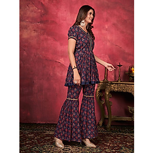 Indian Kurti for Womens With Pant | Foil Print Kurta Partywear Kurtis For Women Tunic Set Blue