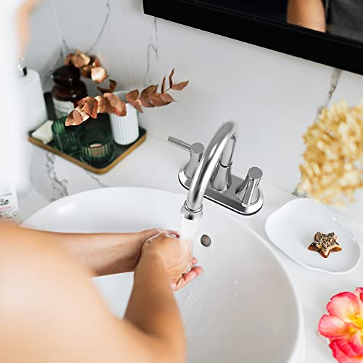 Bathroom Faucets for Sink, Gomylifer Bathroom Sink Faucet 2 Handle，4 Inch Centerset Sink Faucet with Pop Up Drain and Supply Hoses,Stainless Steel 360 Swivel Spout, Lead-Free, Brushed Nickel